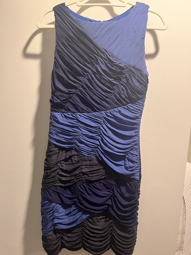 BCBG Maxazaria ruched Bodycon Fitted colorblock blue hues mini dress ...