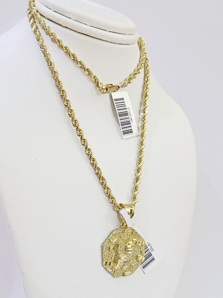 10k Gold Rope Chain & Octagonal Nugget Charm Pendent SET 3mm 22Inches ...