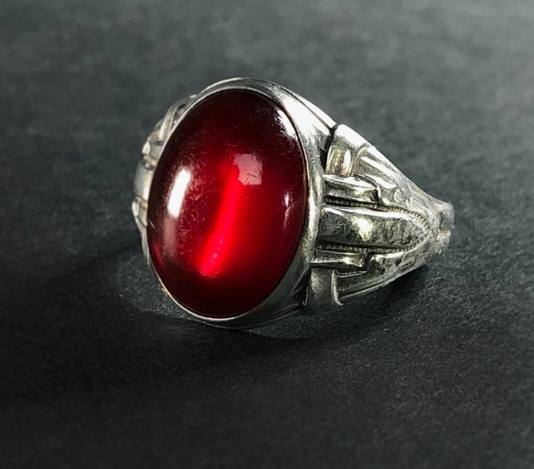 RARE ART DECO Men's Signet Ring Blood-Red Moonglow Ba… - Gem