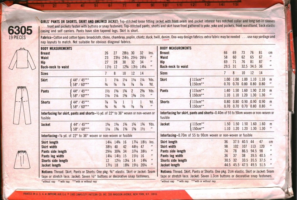 6305 Vintage Simplicity Sewing Pattern Girls Pants Shorts Skirt Jacket ...