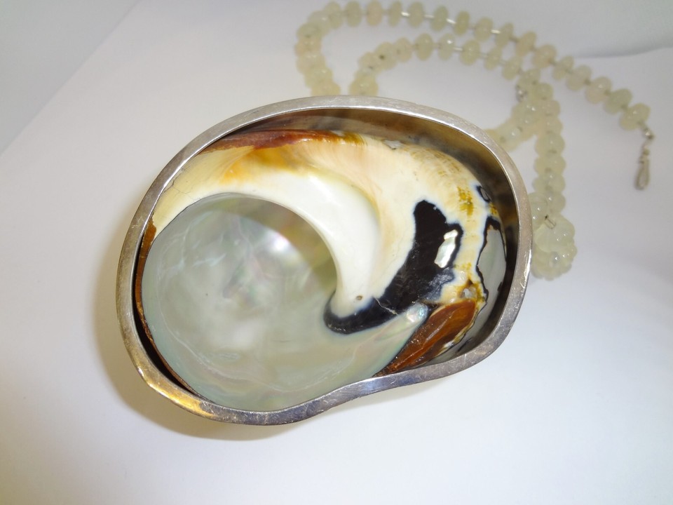 Gorgeous Large Sterling Silver Cased Shell Pendant Quartz Melon Beaded ...