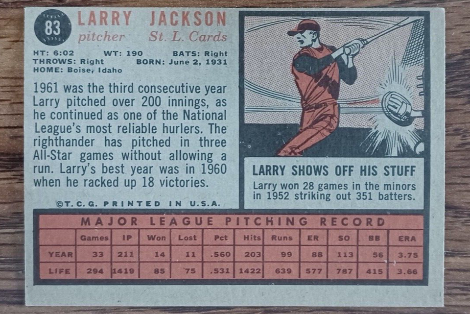 Larry Jackson, St. Louis Cardinals, Pitcher 1962 Topps Baseball Card ...