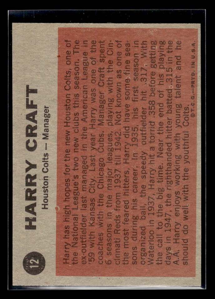 1962 Topps Baseball #12 Harry Craft Set Break EX-MT Houston Colts | eBay