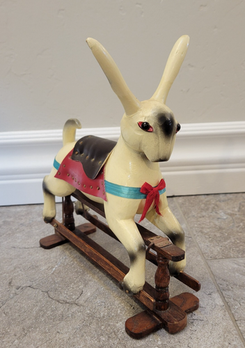 Vintage Wooden Rocking Horse Rabbit Hand Carved & Painted Toy Figure | eBay