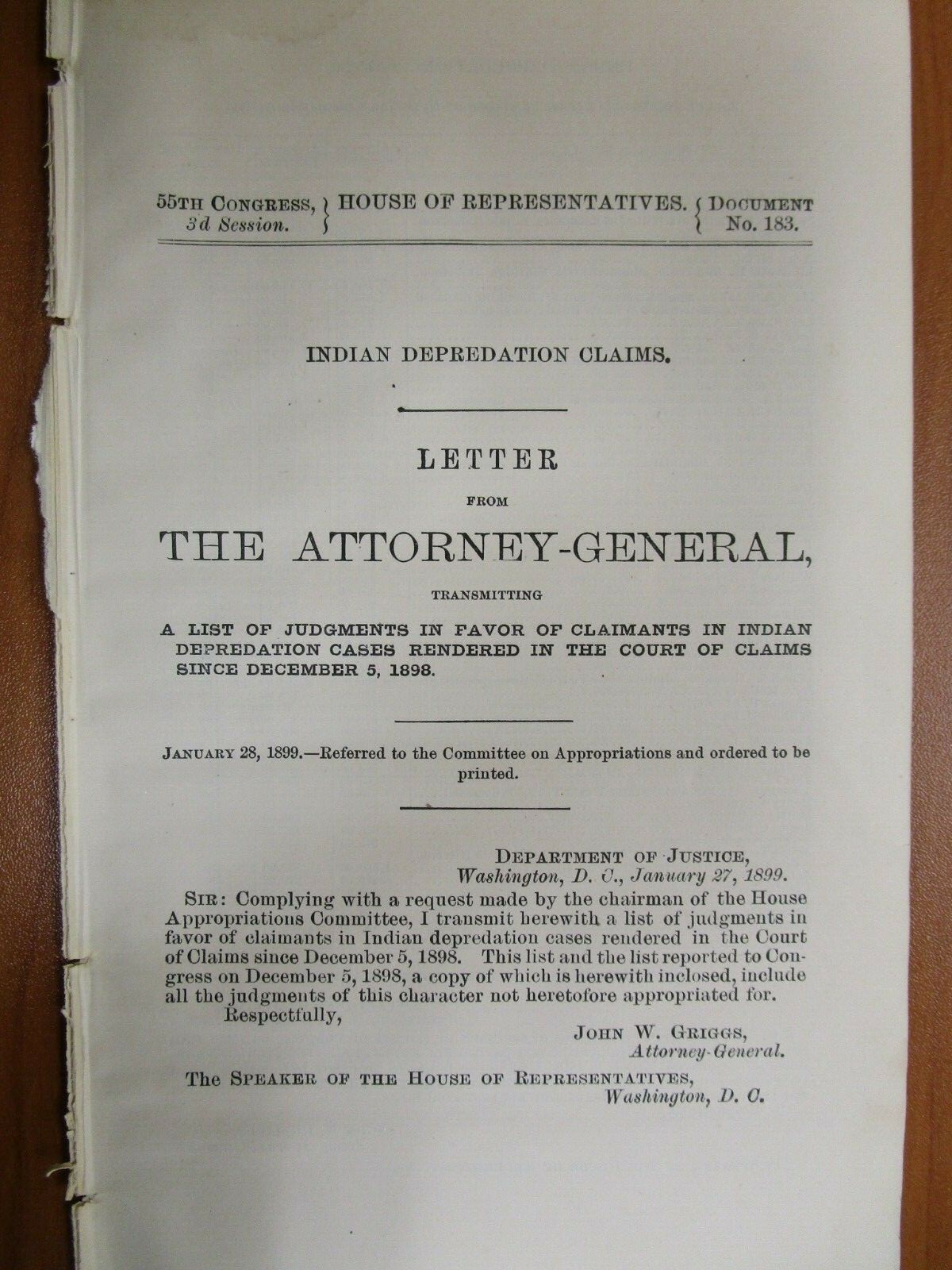 Government Report 1/28/1899 List of Indian Depredation Claims Native ...