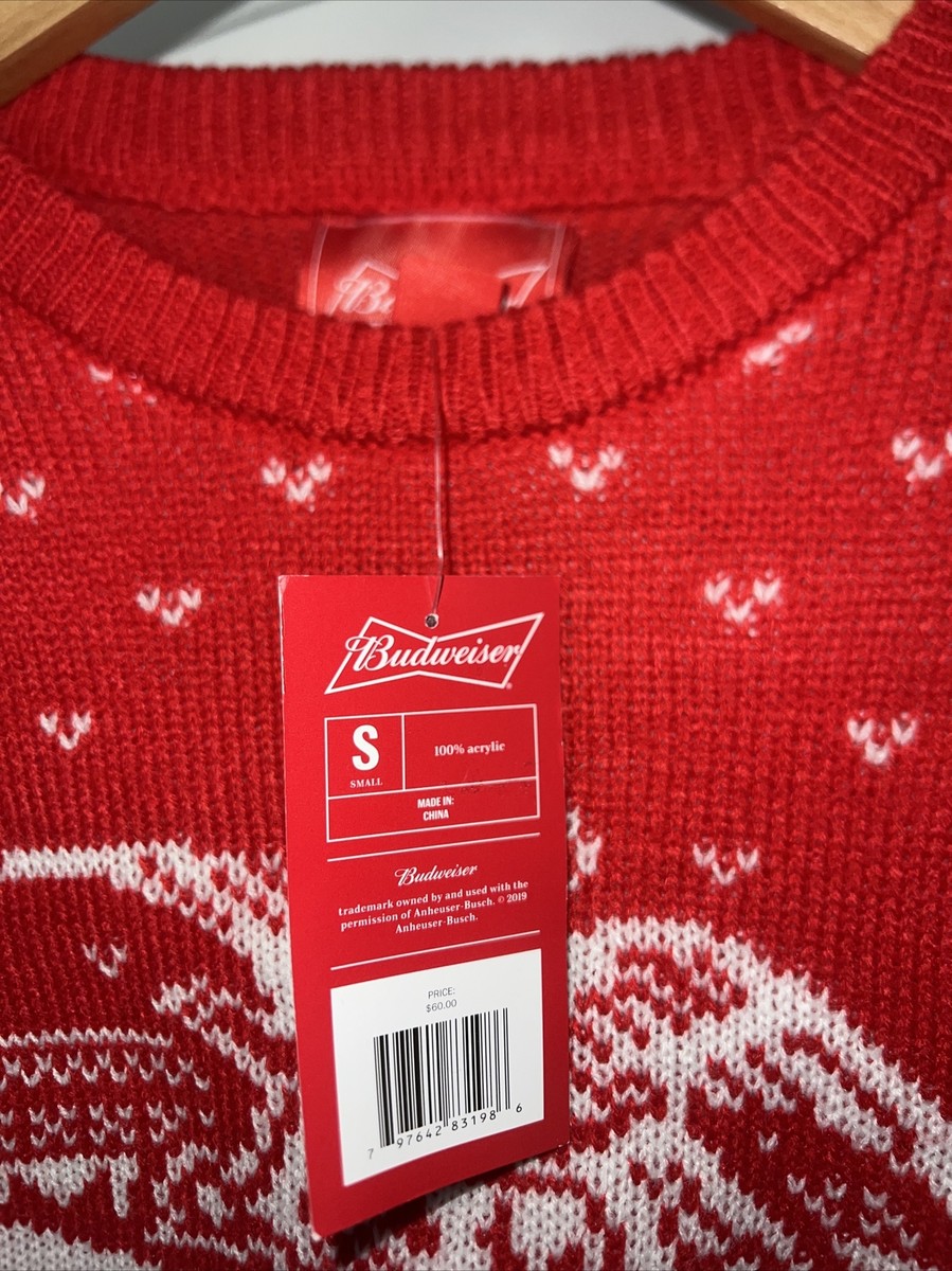 Budweiser Men Knit Ugly Christmas Xmas Sweater Red White Sz Budweiser Men Knit Ugly Christmas Xmas Sweater Red White Sz