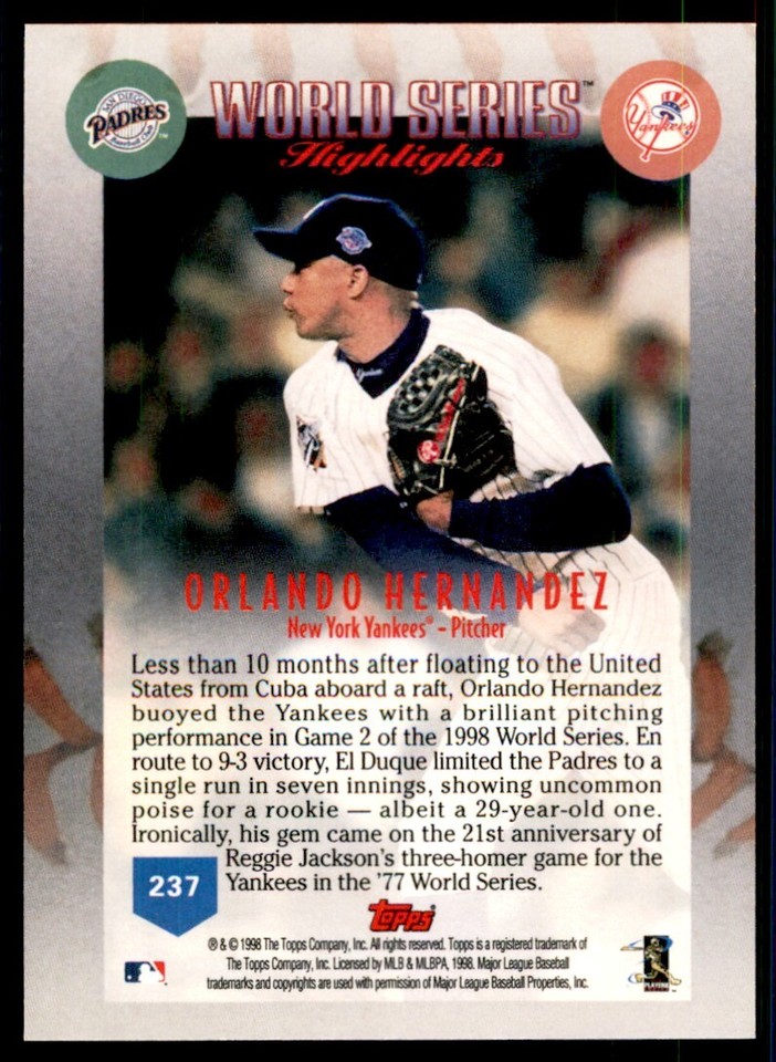 1999 Topps Baseball Card Orlando Hernandez Rookie New York Yankees #237 ...
