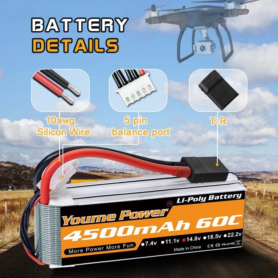 2pcs 14.8V 4S 4500mAh Lipo Battery for RC Tr Car Truck Drone Helicopter ...