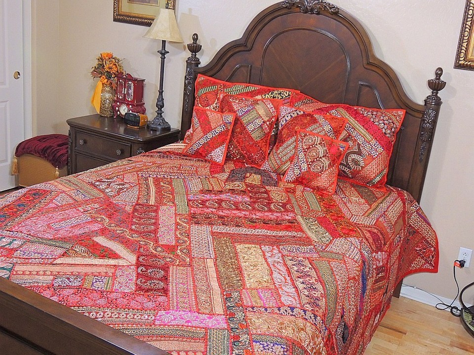 Red Indian Embroidered Duvet Cover Set 7P Sari Bedding Luxury ...
