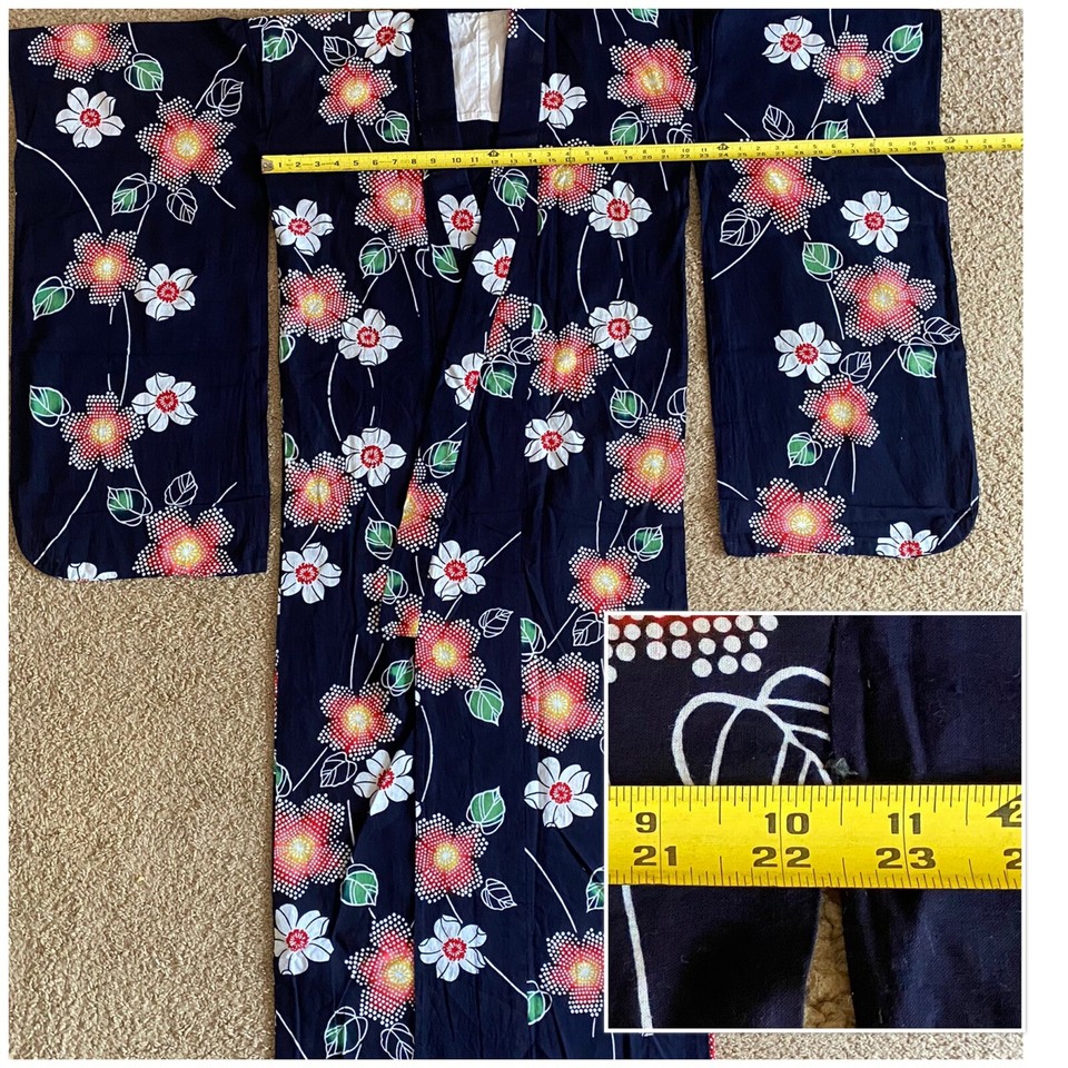(S) Blue YUKATA Furisode Style Cotton kimono indigo Flower White Red ...