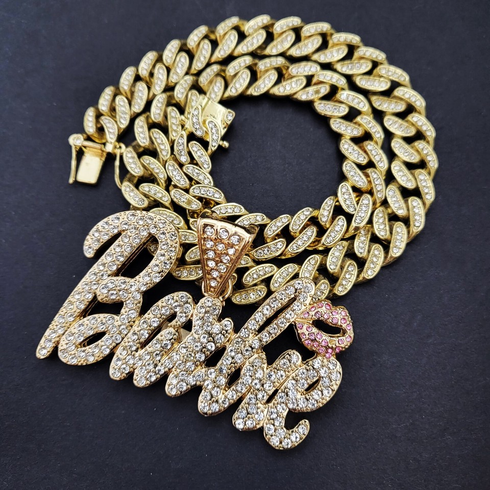 Women Gold Plated Large Barbie Charm & Iced Cubic Zirconia Cuban Chain ...