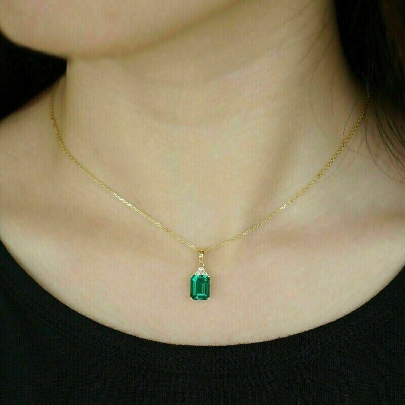3.2Ct Emerald Lab Created Emerald Pendant 14k Yellow Gold Plated 18 ...