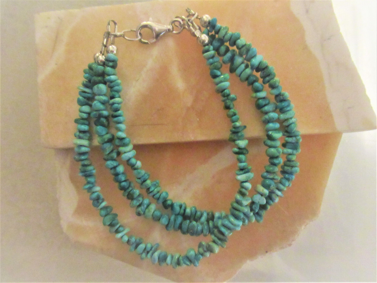 PINTO VALLEY TURQUOISE 3 STRAND 8 INCH BRACELET W/.925 CLOSURE & BEADS ...