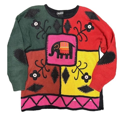 Elephant Novelty Sweater Womens L Knit Colorblock Embroidery Eclectic ...