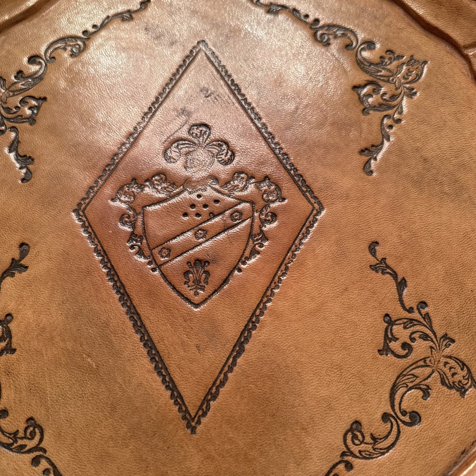 Vintage Leather Tray Etched Details Handcrafted Round Scalloped Edge ...