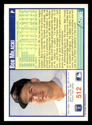 Bob Milacki 1991 Score #512 Baltimore Orioles FREE SHIPPING *088 | eBay