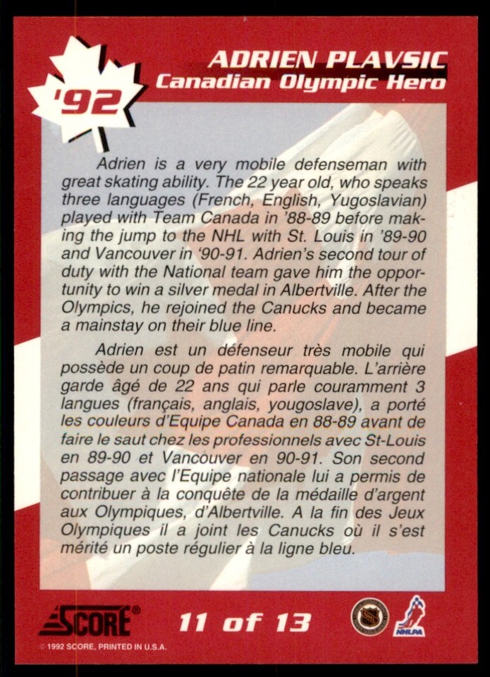 1992-93 SCORE CANADIAN OLYMPIC HEROS ADRIEN PLAVSIC TEAM CANADA #11 | eBay