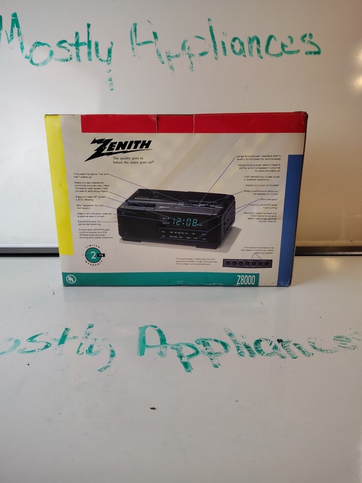 Vtg Zenith Z8000 AM/FM Cassette Clock Radio Green LED Battery Backup ...