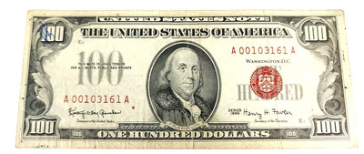 1966 $100 Red Seal United States Note Hundred Dollar Bill A Block ...
