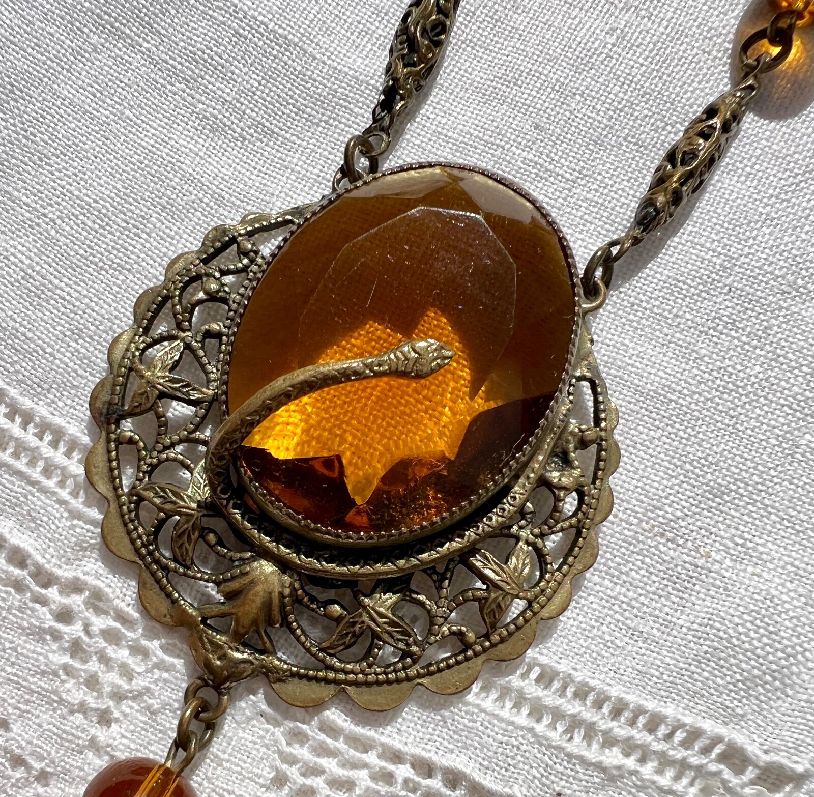 Antique SNAKE Honey Amber Czech Glass & Brass Filigre… - Gem