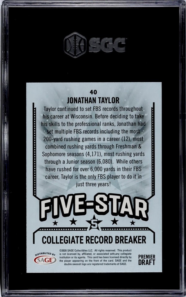 2020 Sage Hit #42 Jonathan Taylor Five Star SGC 10 GEM MINT Rookie RC ...