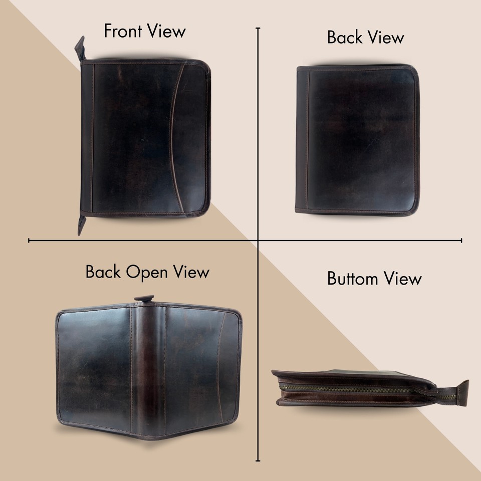 Genuine Leather Zip Folder Office Storage Portfolio Personal Organizer ...