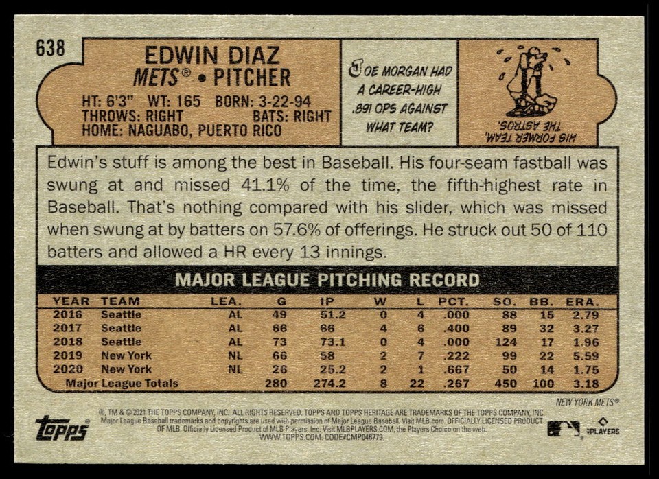 2021 Topps Heritage #638 Edwin Diaz New York Mets Baseball | eBay