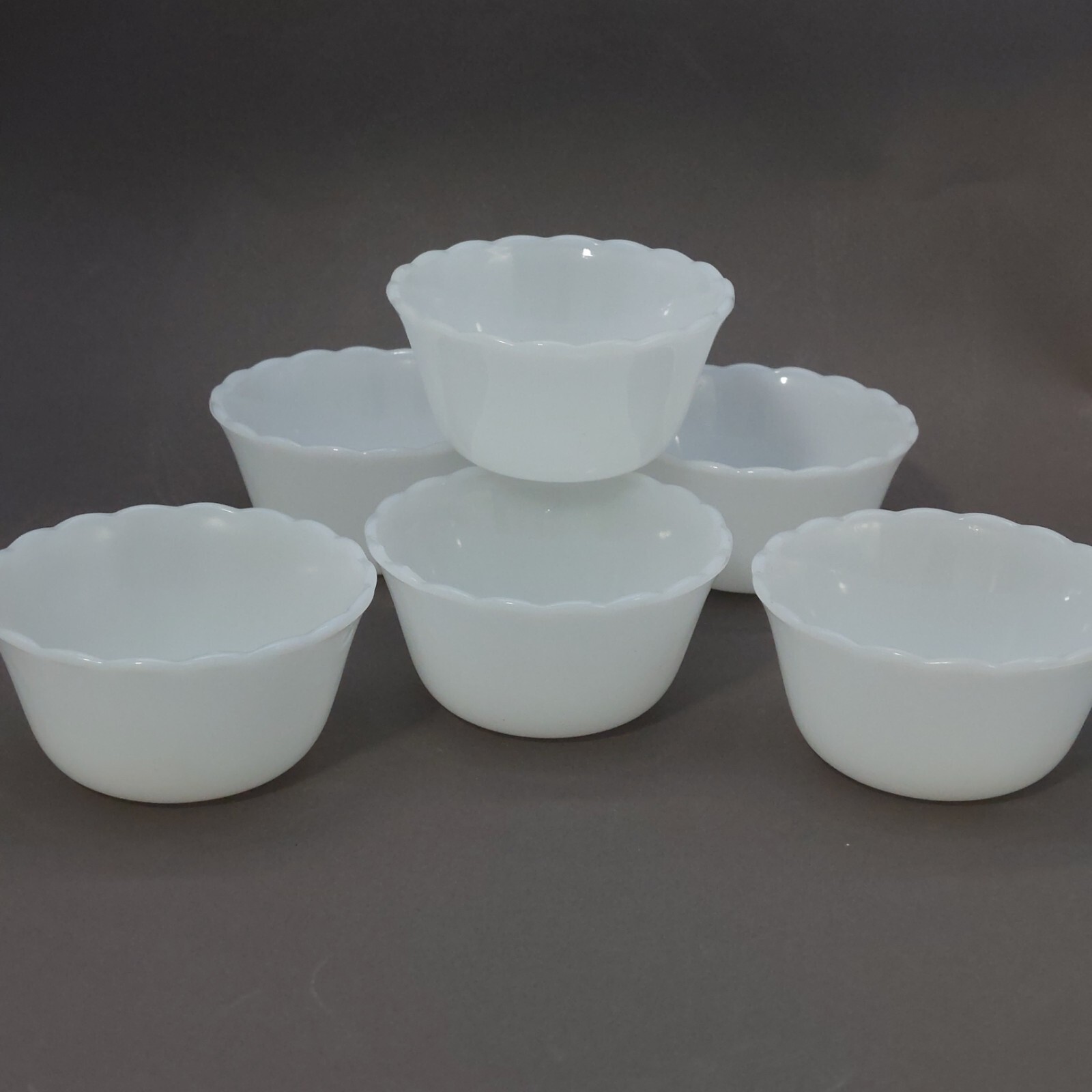 6 VINTAGE White FIRE KING REVERSE PRINT Glass Custard/Berry Cups ...