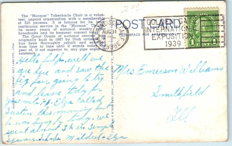 Postcard Tabernacle Choir & Organ Great "Mormon" Tabernacle Salt Lake ...