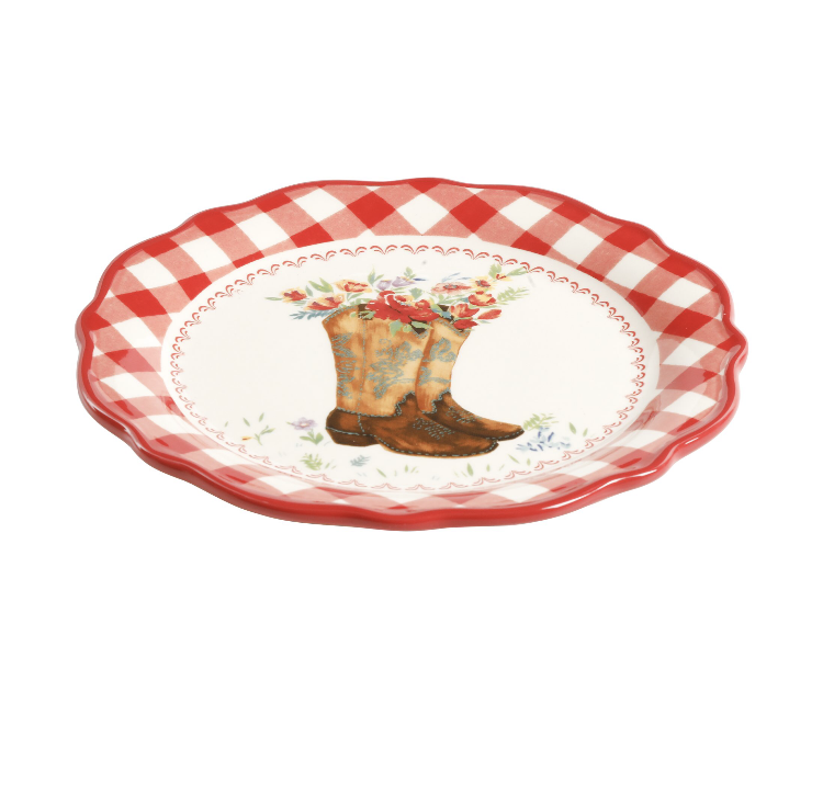 Pioneer Woman Red Gingham Dessert Appetizer Plate Cowboy Boots Ceramic ...