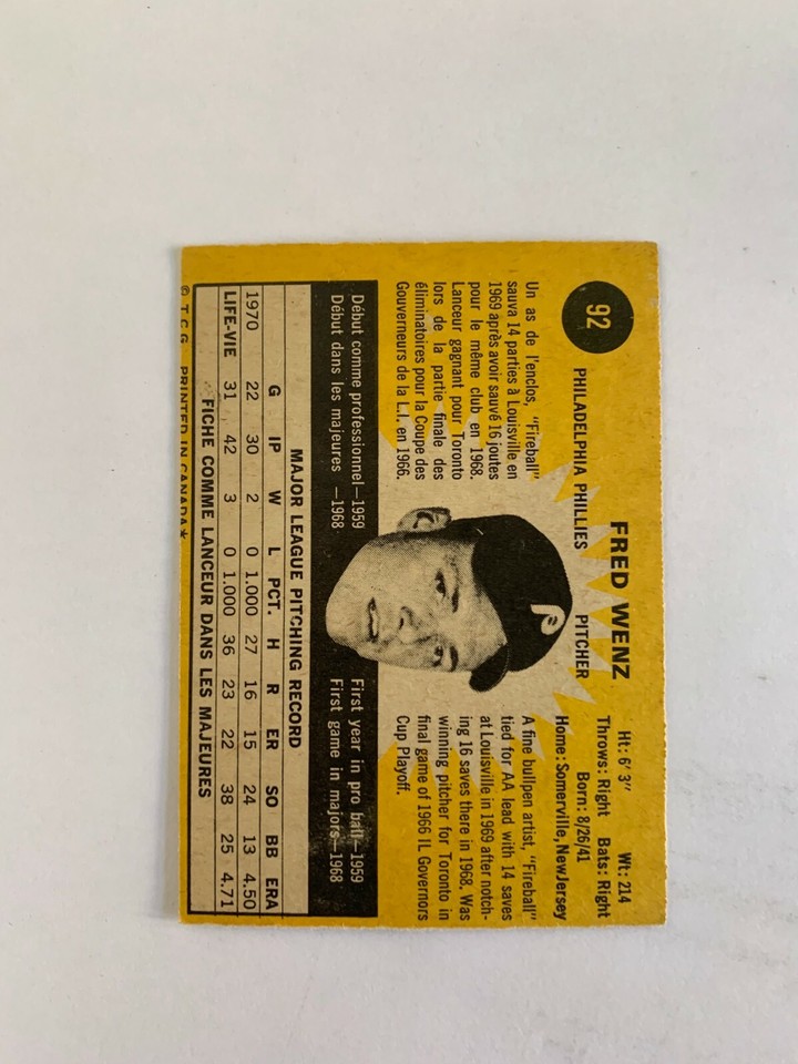 1971 O-Pee-Chee #92 Fred Wenz - Philadelphia Phillies | eBay
