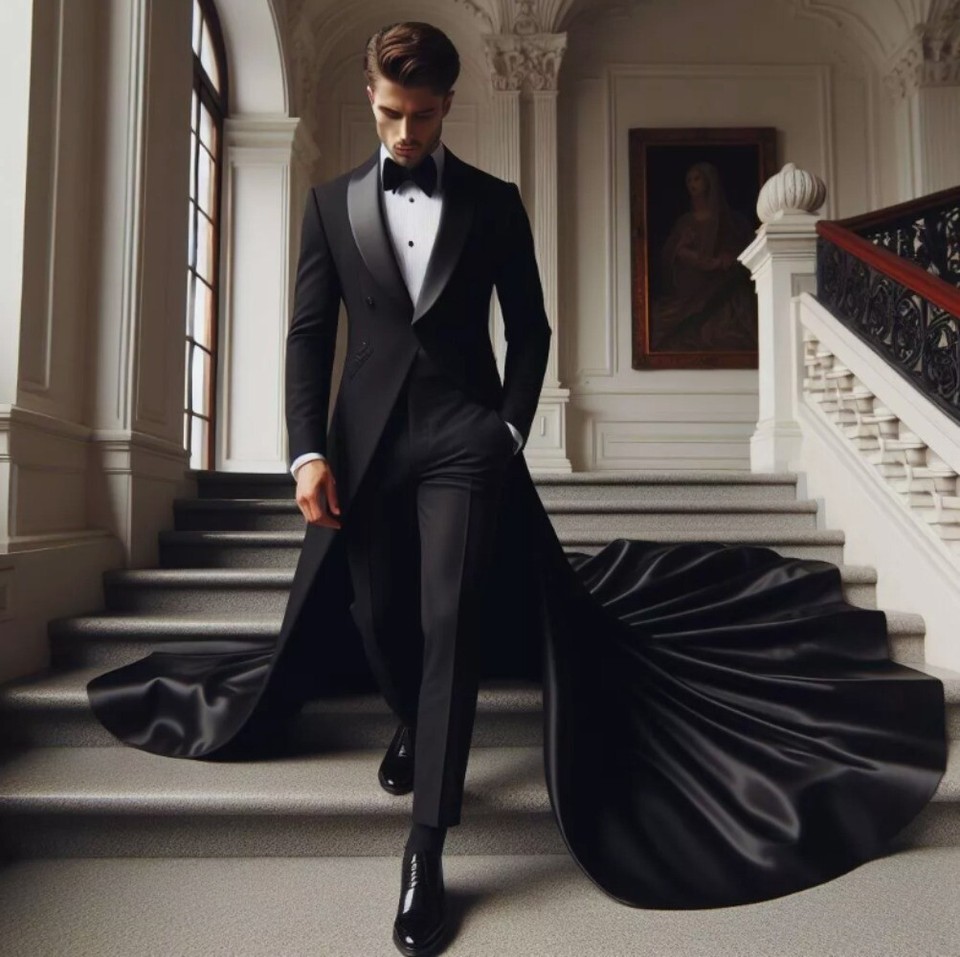 Men Black Long Train Suit Single Breasted Tuxedo Shawl Lapel Custom ...