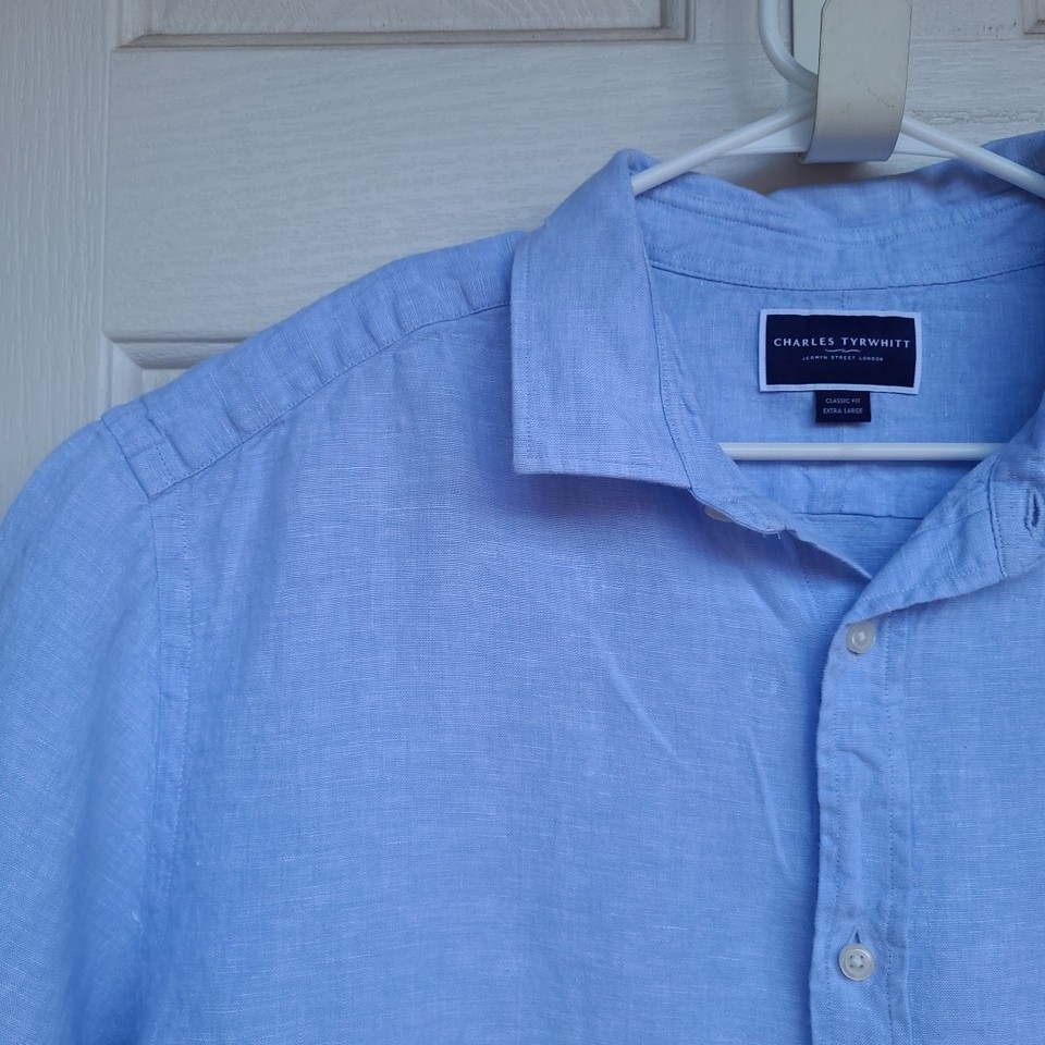 Charles Tyrwhitt Men's Classic Fit Pure Linen Shirt Ocean Blue X-Large ...