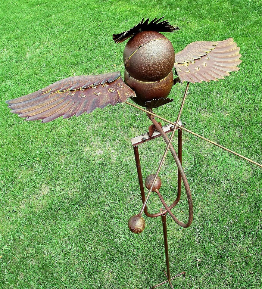 Wing Flapping Kinetic Metal Brown Owl Rocking Yard Stake Wind Spinner ...