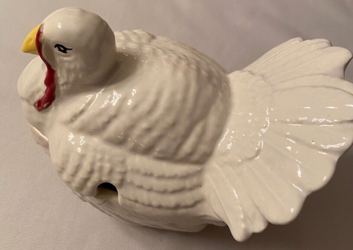 Vintage ceramic White glazed Turkey Boat, red gobbler, side hole-1 cup ...