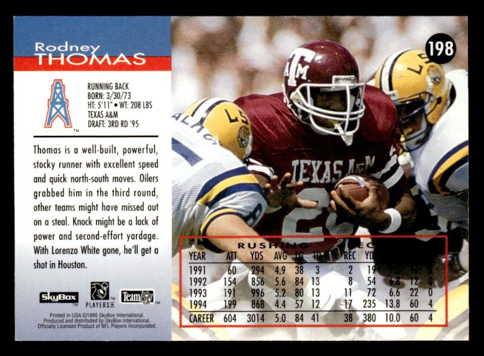 Rodney Thomas 1995 SkyBox Impact Rookie Card #198 Houston Oilers | eBay