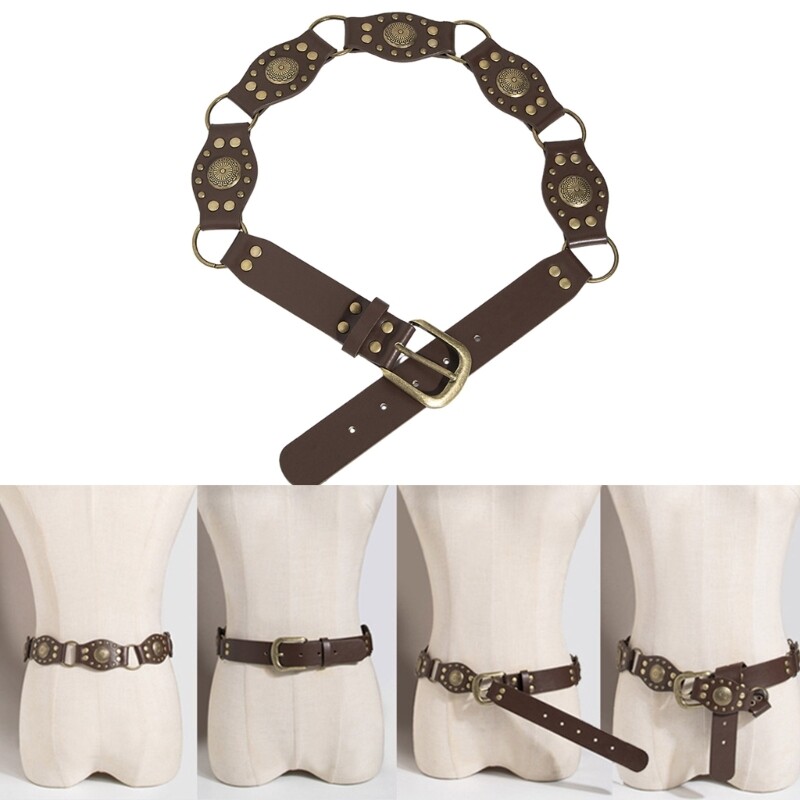 Ethnic Style PU Waist Belt with Carved Flower Rivets for Girl Jeans ...