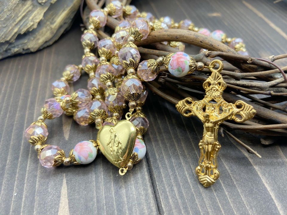 Pink Crystallized Beads Gold Rosary Catholic Holy Mary Locket Medal ...