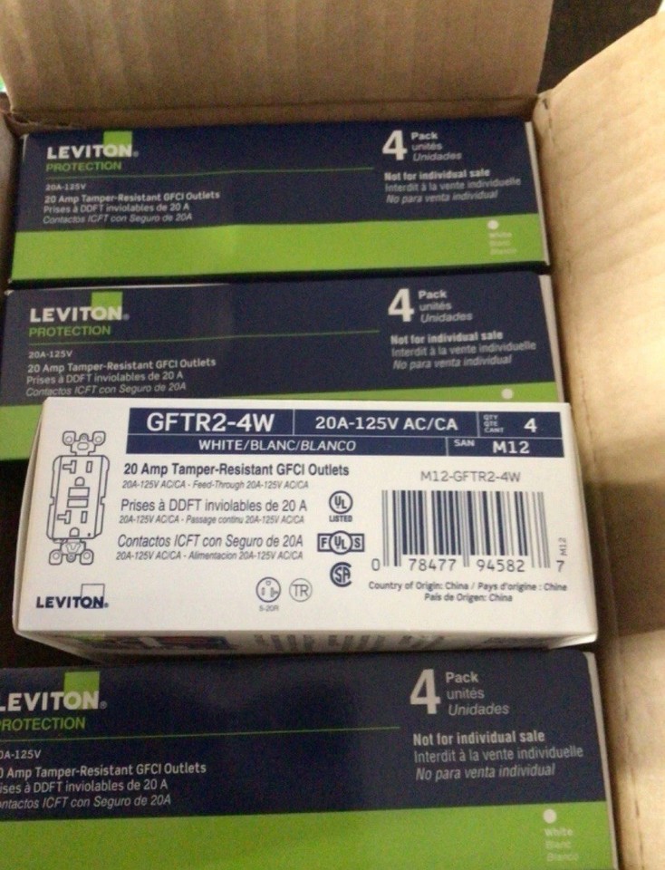 Brand New Leviton GFNT2-4W 20 Amp 125V Slim GFCI White Outlets - 4 PACK ...