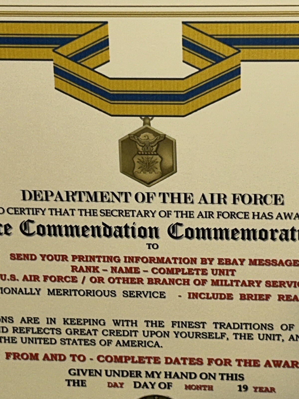 AIR FORCE COMMENDATION MEDAL COMMEMORATIVE CERTIFICATE ~ TYPE-2 w ...