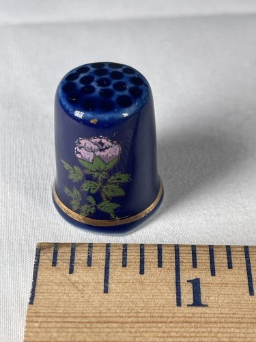 Vintage Blue Enamel Hand Gold Leaf Painted Floral Thimble | eBay
