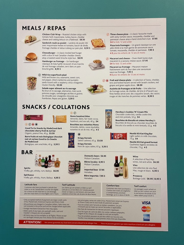 AIR CANADA DOMESTIC BUY ON BOARD MENU 2021 | eBay