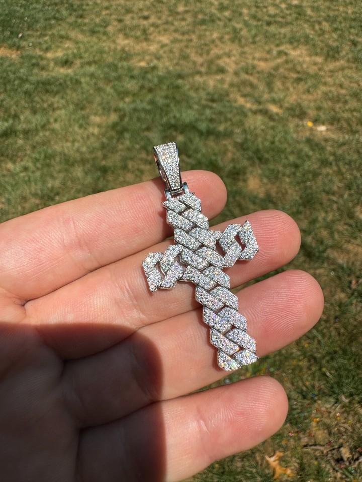 MOISSANITE Prong Miami Cuban Link Cross Pendant - 925 Silver Necklace 3 ...