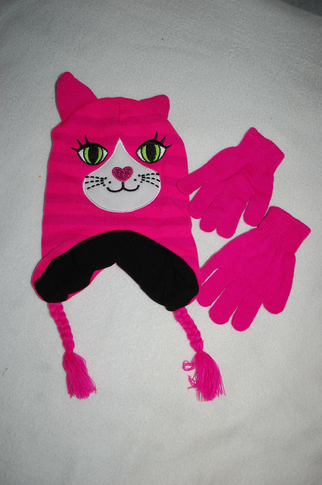 Girls KITTY CAT FACE WINTER HAT Ear Flaps GREEN EYES Glitter Nose PINK ...