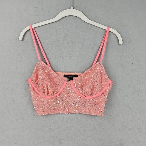 FOREVER 21 Crop Top Womens S Pink Sequin Strappy Corset Style Party ...