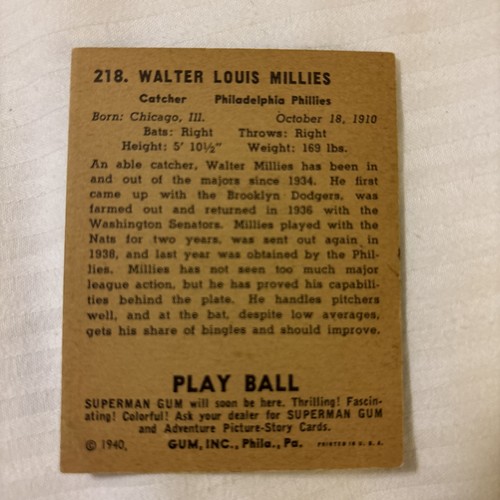 1940 Play Ball - Wally Millies #218 (RC) for sale online | eBay