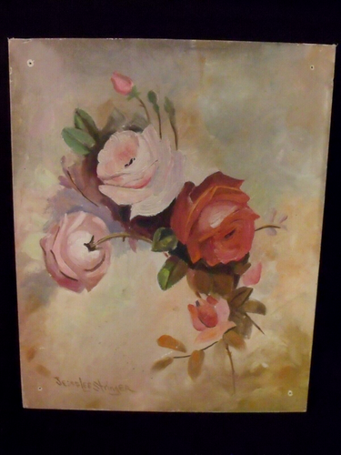 ANTIQUE OIL ON CANVAS 16" BY 20" ROSES STILL LIFE ~ SIGNED JESSE LEE ...