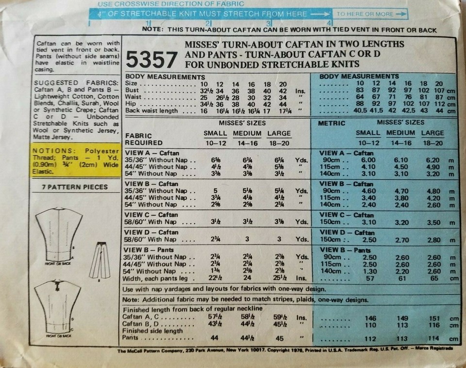 McCall's Hippy 70's Pattern #5357 Misses Turnabout Kaftan Small Sz 10 ...