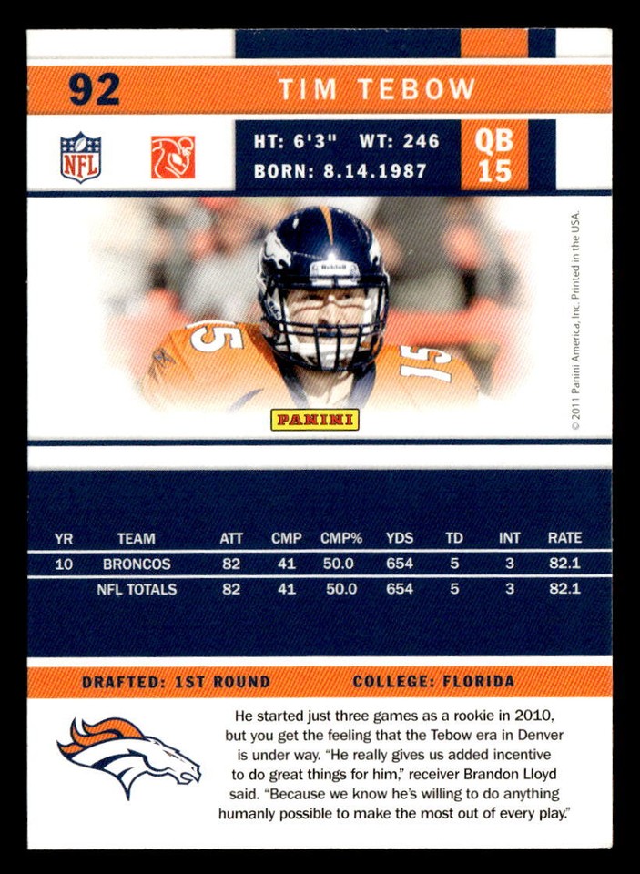 Tim Tebow 2011 Score Card #92 Denver Broncos | eBay