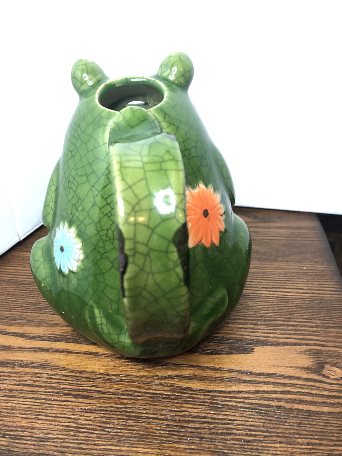 Vintage 6” H Ceramic Crackle Finish Green Frog Pitcher Jug With Flowers ...
